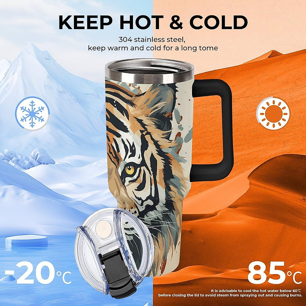 MNVTSKOP 40 Oz Tumbler With Handle And Straw Black Year of The Tiger Tiger Face Printed Stainless Steel Car Cup Coffee Mug Leak Proof Insulated Water Bottle for Travel Camping Gym