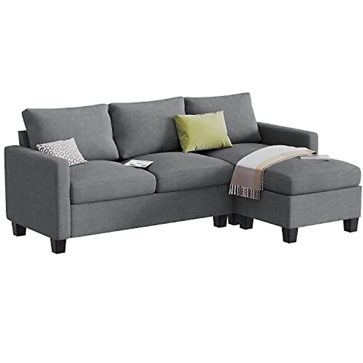 YESHOMY Convertible Sectional, Modern Linen Fabric L-Shaped Couch 3-Seat Sofa, Dark Gray