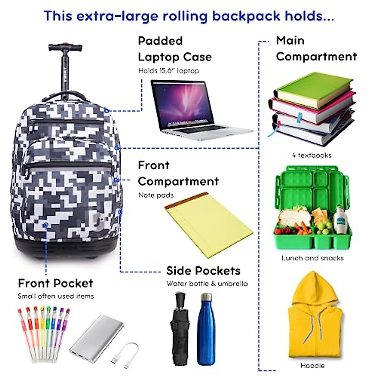 J World New York Sundance Rolling Backpack Girl Boy Roller Bookbag, CAMO, 20 Inch