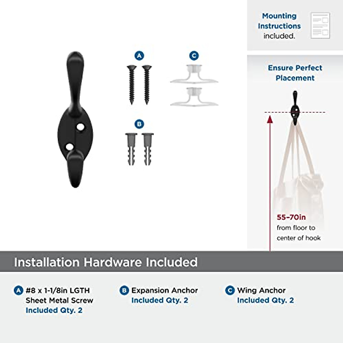 Amerock H55451MB | Noble Double Prong Decorative Wall Hook | Matte Black Hook for Coats, Hats, Backpacks, Bags | Hooks for Bathroom, Bedroom, Closet, Entryway, Laundry Room, Office