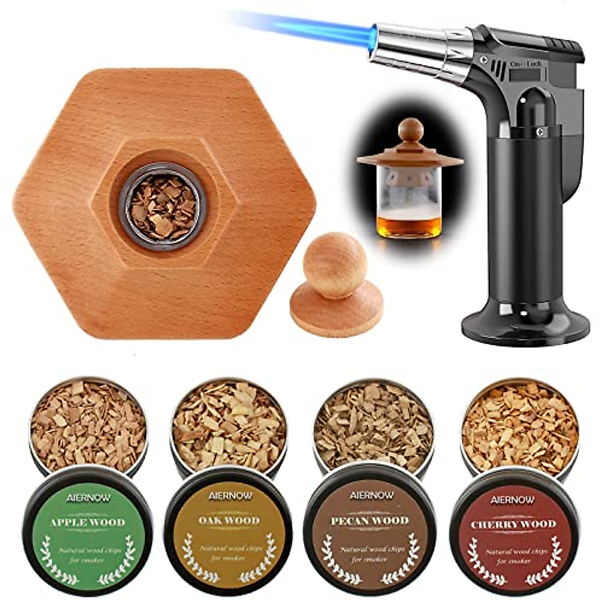 Cocktail Smoker Kit with Torch,Four Kinds of Wood Chips for Whiskey Smoker Lover.Drink Smoker Infuser Kit,Bourbon Smoker Kit,Old Fashioned Cocktail Kit (No Butane)Gift for Men