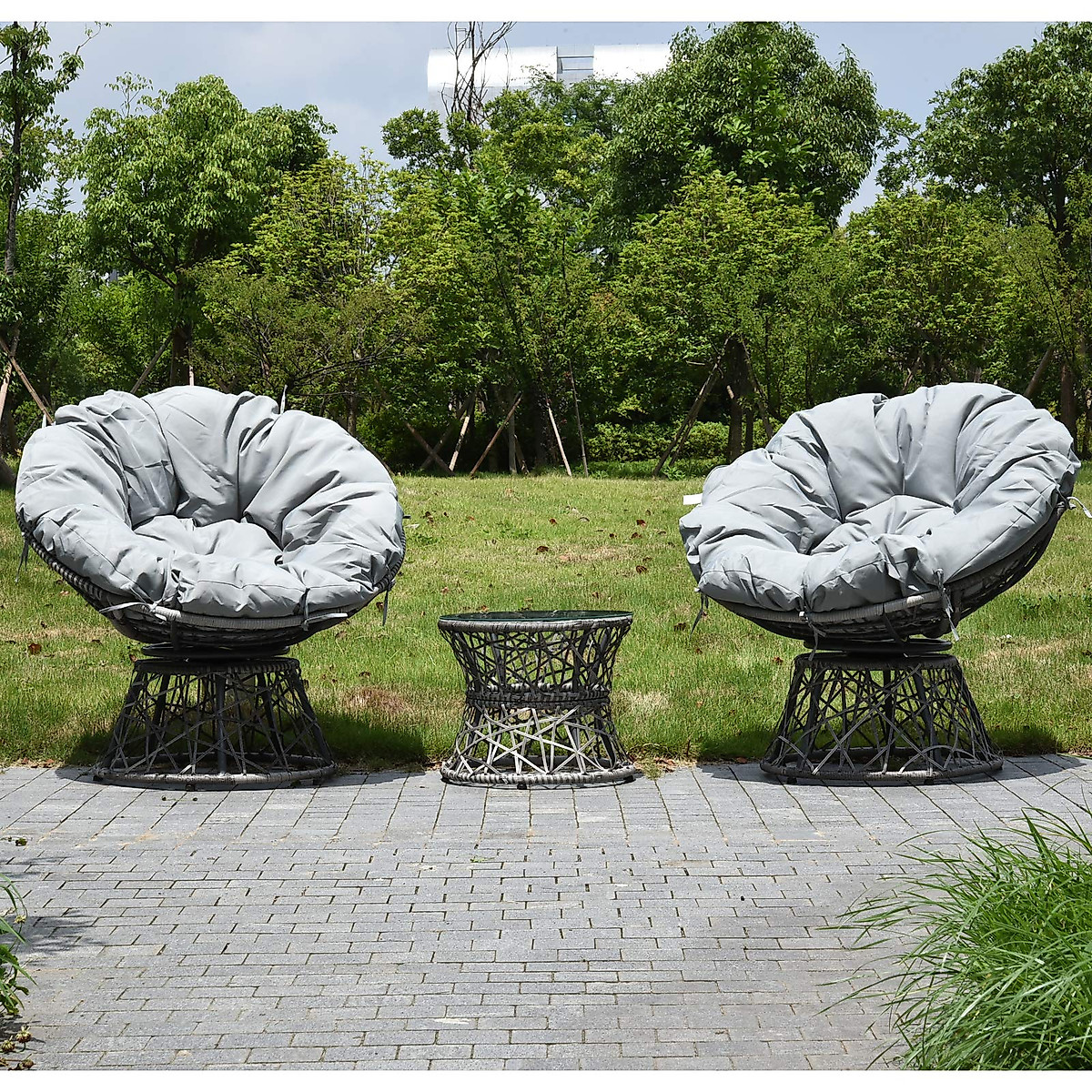 MCombo Patio Wicker Papasan Swivel Chair Sectional Set with Cushion and Frame Base Rattan Comfy Outdoor Loveseat Gray Outdoor Indoor,Dorm,Living Room for 2 Person 6081-PC03-EY