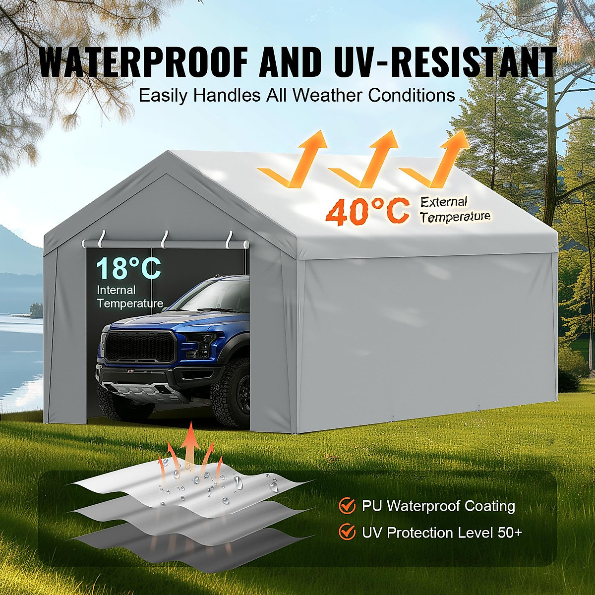 VEVOR Carport Replacement Canopy Cover Top + Side Wall 10 x 20 ft, Garage Tent Shelter Tarp Heavy-Duty Waterproof & UV Protected, Easy Installation with Ball Bungees,Grey (Frame Not Included)