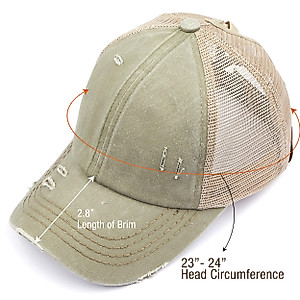 C.C Exclusives Washed Distressed Cotton Denim Criss-Cross Ponytail Hat Baseball Cap Bundle Hair Tie (BT-780)(BT-791) (A Elastic Band-Olive)