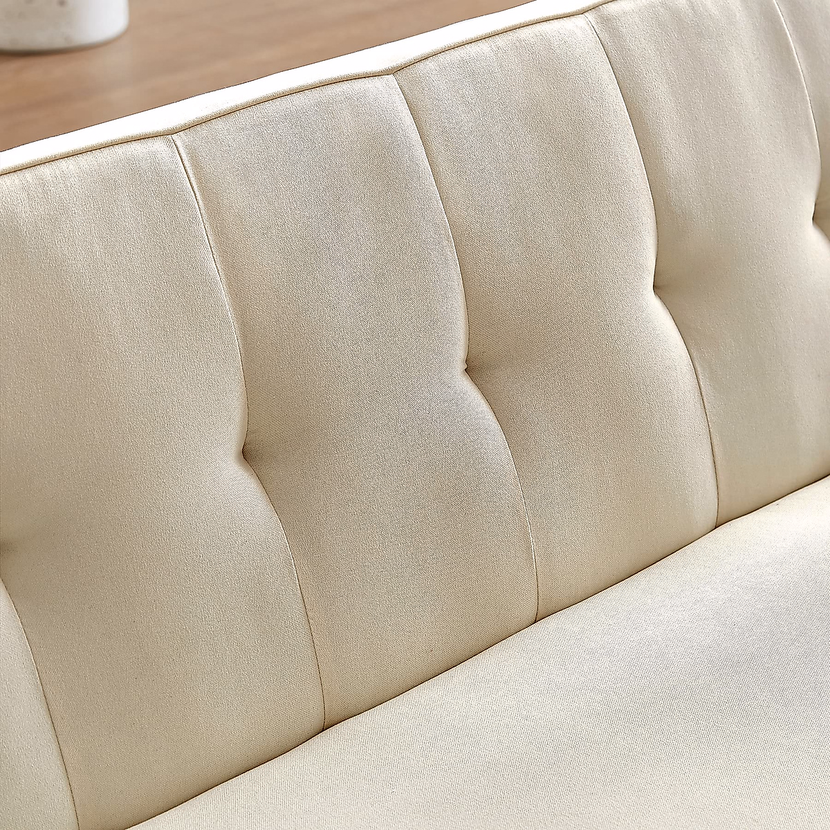 Mid-Century Convertible Futon Sofa Bed,Modern Linen Fabric Small Loveseat,Folding Sleeper Couch Bed with Armrests & 2 Pillows,Recliner Sofa with Solid wood Legs for Living Room Office (Beige)