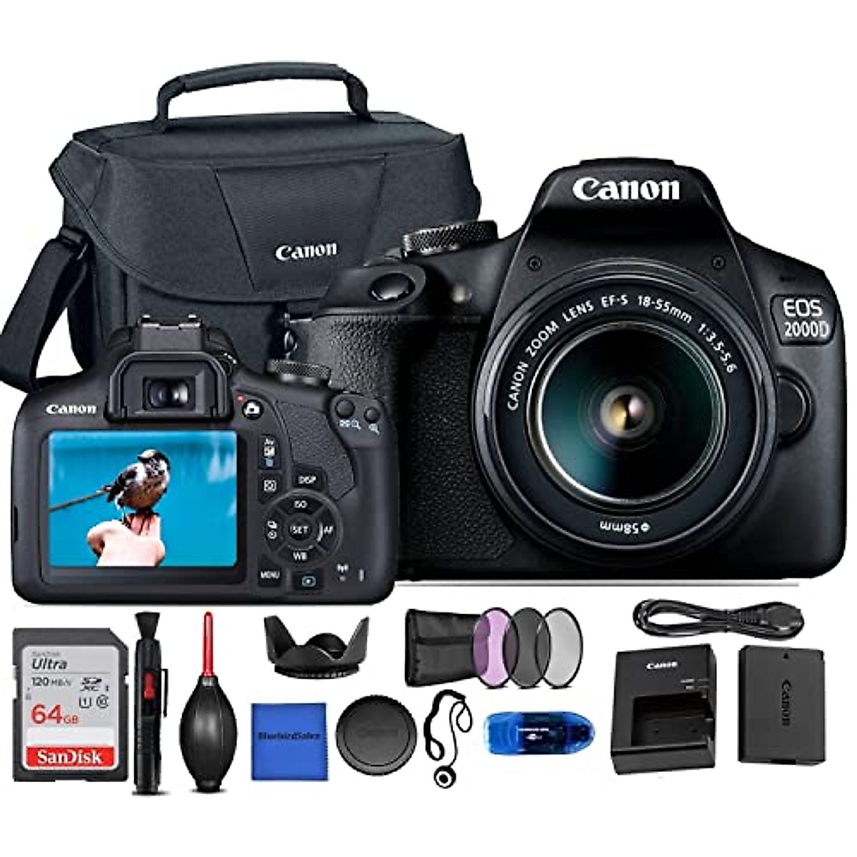 Canon EOS 2000D (Rebel T7) DSLR Camera w/Canon EF-S 18-55mm F/3.5-5.6 Zoom Lens + Case + Sandisk 64GB Memory Card + 3pc Filter Kit + Card Reader + Cleaning Kit (International Model) (Renewed)