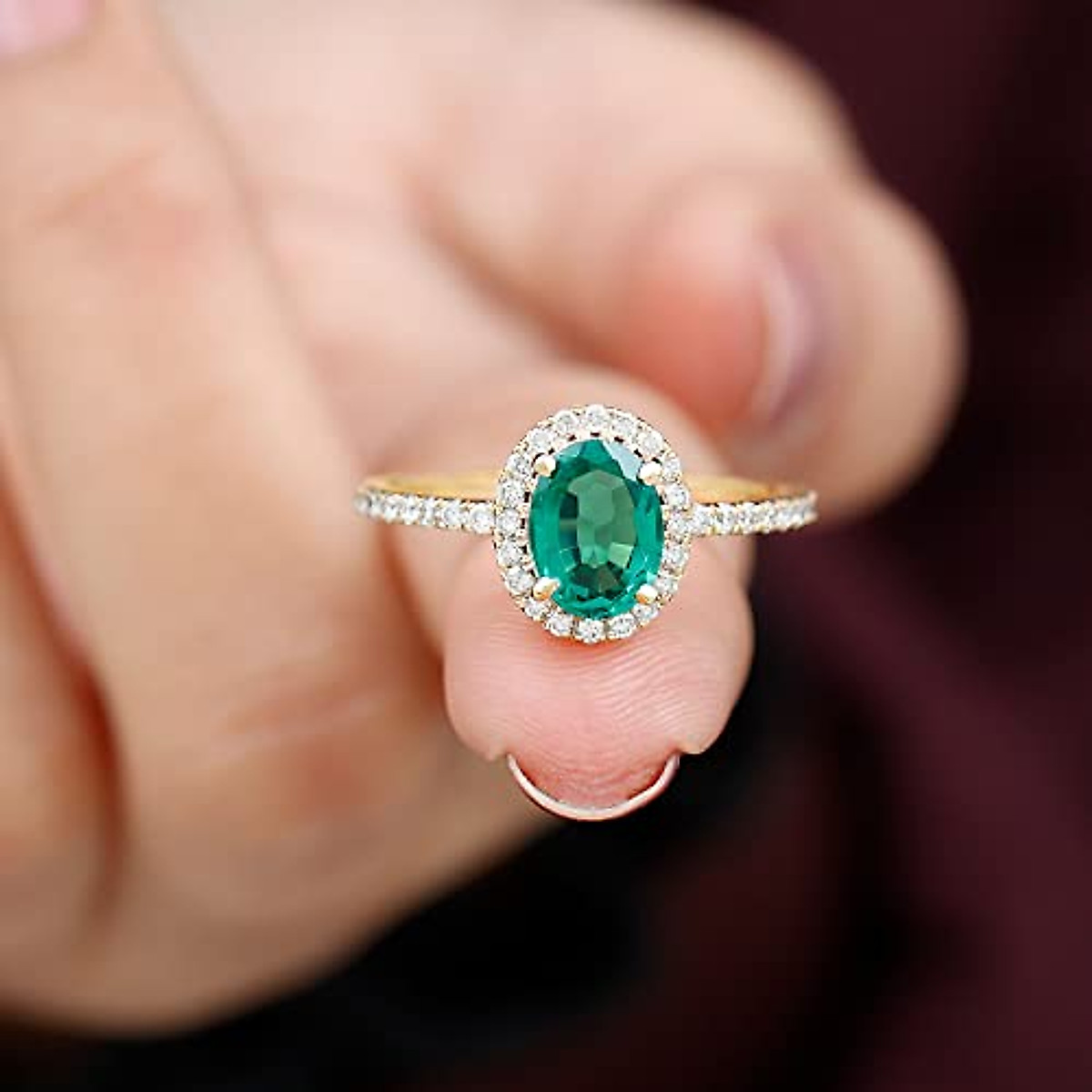 Rosec Jewels Lab Grown Emerald Diamond Oval Engagement Ring, AAAA Quality, Certified 6X8mm Oval Emerald Halo Engagement Ring, 14K Yellow Gold, Size:US 7.00