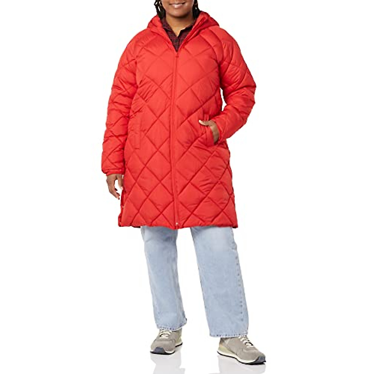 Amazon Essentials Women's Heavyweight Diamond Quilted Knee Length Puffer Coat - Discontinued Colors, Red, Medium