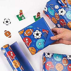 WRAPAHOLIC Reversible Wrapping Paper - Mini Roll - 17 Inch X 33 Feet - Ball Design with Solid Blue Design for Birthday, Holiday, Baby Shower