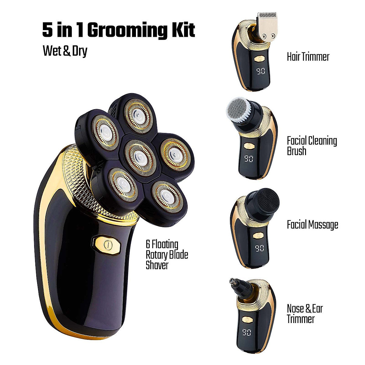 Head Shavers for Bald Men Wet and Dry, HerfsTec 6 Rotary Blade Heads Electric Razor, Bald Man 5-in-1 Grooming Kit with Clipper & Trimmer & Brush, IPX7 Waterproof, USB Charging, LED Display