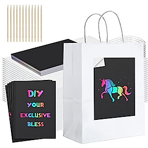 24 Pcs Paper Gift Bags with Scratch Paper Panel Sticker for Messages Medium Kraft Paper Bags with Handles Wedding Gift Bags Bulk DIY Party Gift Bag to Wrap Gifts (White)