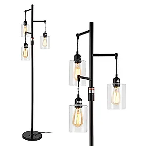 Airposta Industrial Floor Lamp with On/Off Dimmable Switch, 3-Head Rustic Tree Standing Lamp, Edison Bulb 40W Retro Tall Glass Floor Light for Living Room, Reading, Office, Bedroom, Black