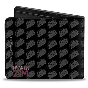 Buckle-Down Nickelodeon Wallet, Bifold, Invader Zim GIR Tacos Pose Taco Monogram Black Gray, Vegan Leather