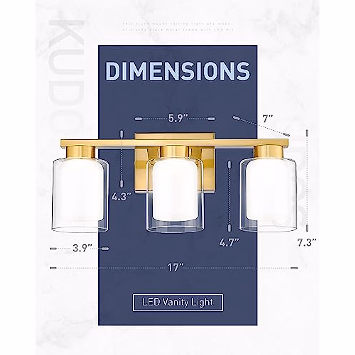 kudos LED Light Fixtures, 12 Inch Gold Flush Mount Ceiling Light Fixture and Brushed Gold Vanity Lights for Mirror, KDCL06-GD, KDVL04-GD-3
