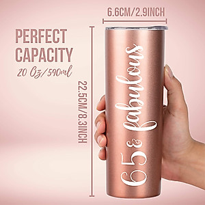 Onebttl 65th Birthday Gifts for Women, 65 & Fabulous, 20 Oz Insulated Stainless Steel Skinny Wine Tumbler for Mom, Best Friend, Sister, Aunt, Wife, Coworkers, Rose Gold