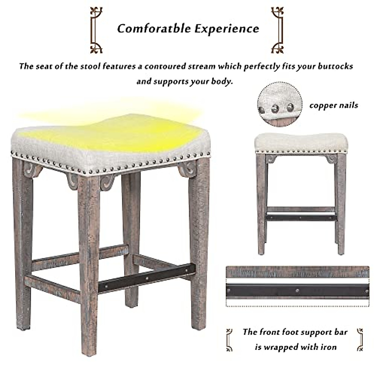 Merax 3-Piece Retro Solid Wood Counter Height Pub Dining Set with Foldable Table and 2 Saddle Stools for Kitchen, Small Space, Distressed Brown_3pcs