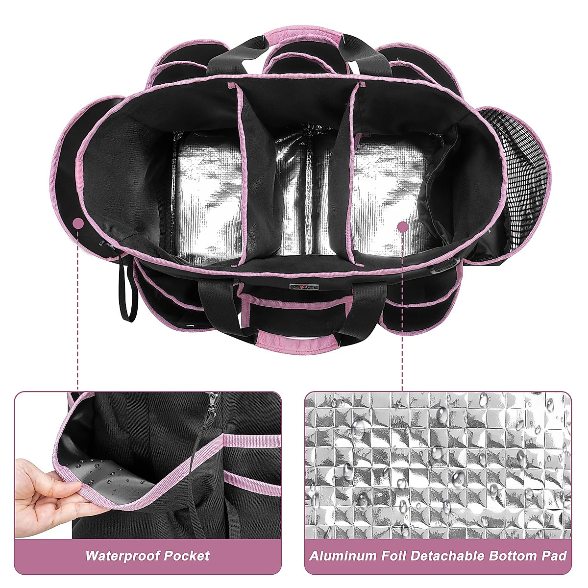 LoDrid Cleaning Caddy Bag with Handle and Shoulder Strap, Cleaning Supplies Organizer for Cleaning Work with 3 Compartments and Multifunctional Pockets, Black with Pink Edge