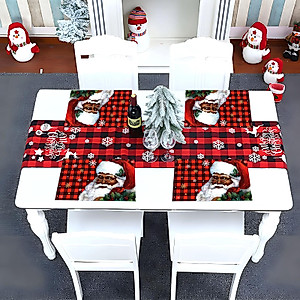 Nepnuser Linen African American Christmas Placemats Set of 4 Buffalo Plaid Black Santa Claus Place Mats for Home Kitchen Dining Table Decoration