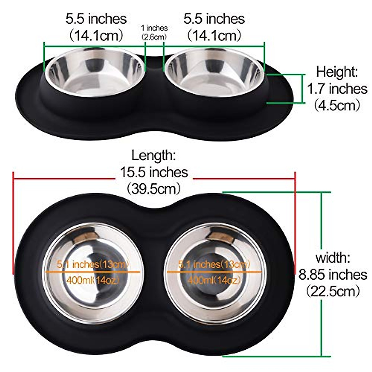 Roysili Double Dog Bowl Pet Feeding Station, Stainless Steel Water and Food Bowls with Non Skid Non Spill Silicone Mat, Premium Quality Dog Bowl Holder for Small Medium Dogs Cats Puppy (Small, Black)