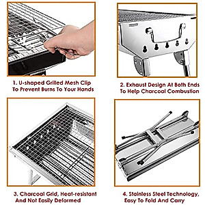 Charcoal Grill, Stainless Steel Camping Grill, Portable BBQ Grill Large Folding Barbecue Grill, Hibachi Grill for Outdoor Picnic, Patio, Garden Backyard & Camping, Suitable for 6 to 13 people