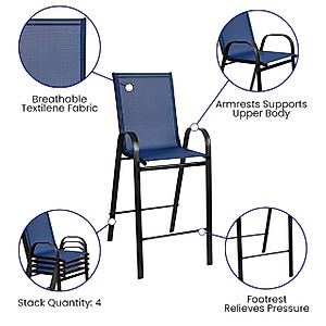 Flash Furniture 4 Pack Brazos Series Navy Outdoor Barstools with Flex Comfort Material and Metal Frame