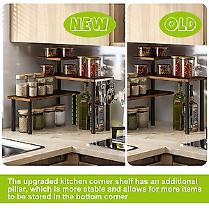 BMOSU Kitchen Corner Shelf Countertop Organizer with Hooks Adjustable Spice Rack Corner Display Rack Shelf Cabinet Counter Shelves(Rustic Brown)