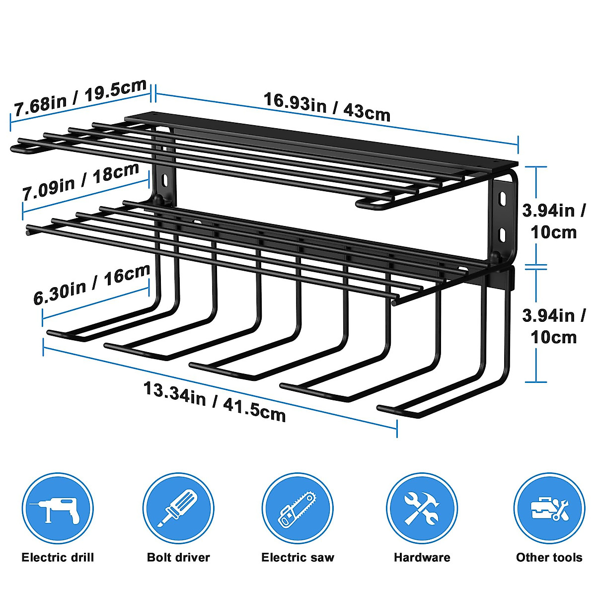 Heavy Duty Tool Organizer with charging station, 3 Layers Garage Pegboard Tool Rack, Power Tool Organizer Wall Mounted with 7 -Hole outlets Surge Protector, 4 Power Drill