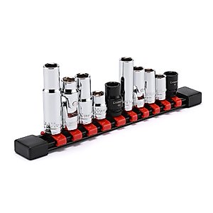 CASOMAN 10Pcs Impact Socket & Flex Socket Set, 1/4" & 3/8" Dr., 6-Point, 10mm, Metric, Include Magnetic impacet Socket, Storage Rail