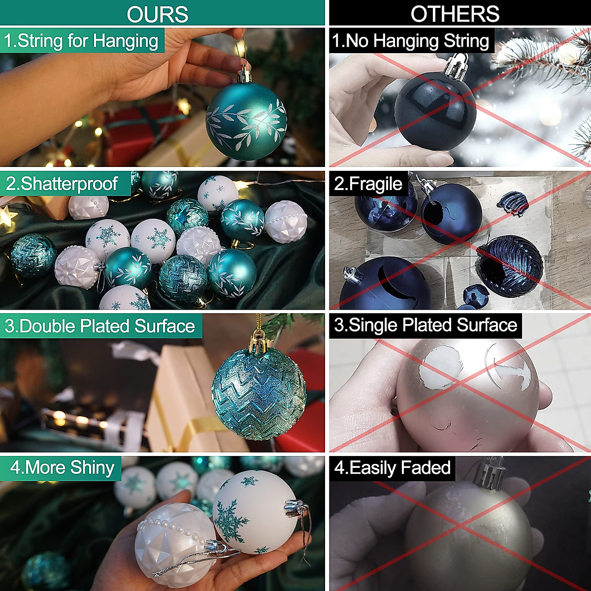 PIIDUOO Christmas Balls Ornaments for Xmas Tree - Small Shatterproof Christmas Tree Decorations White Teal Balls Ornament Plastic, 2.36 Inches | 60mm, Set 16pcs