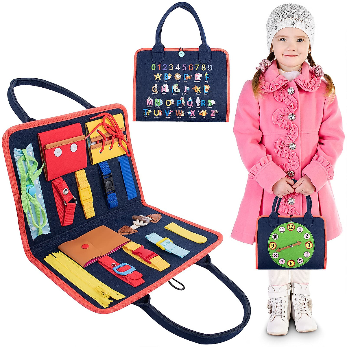 LukNic Busy Board Montessori and Sensory for Toddlers Toys for Children Learning Tool for Kids Portable Blue Felt Bag with Zipper Clock Activiti Kit