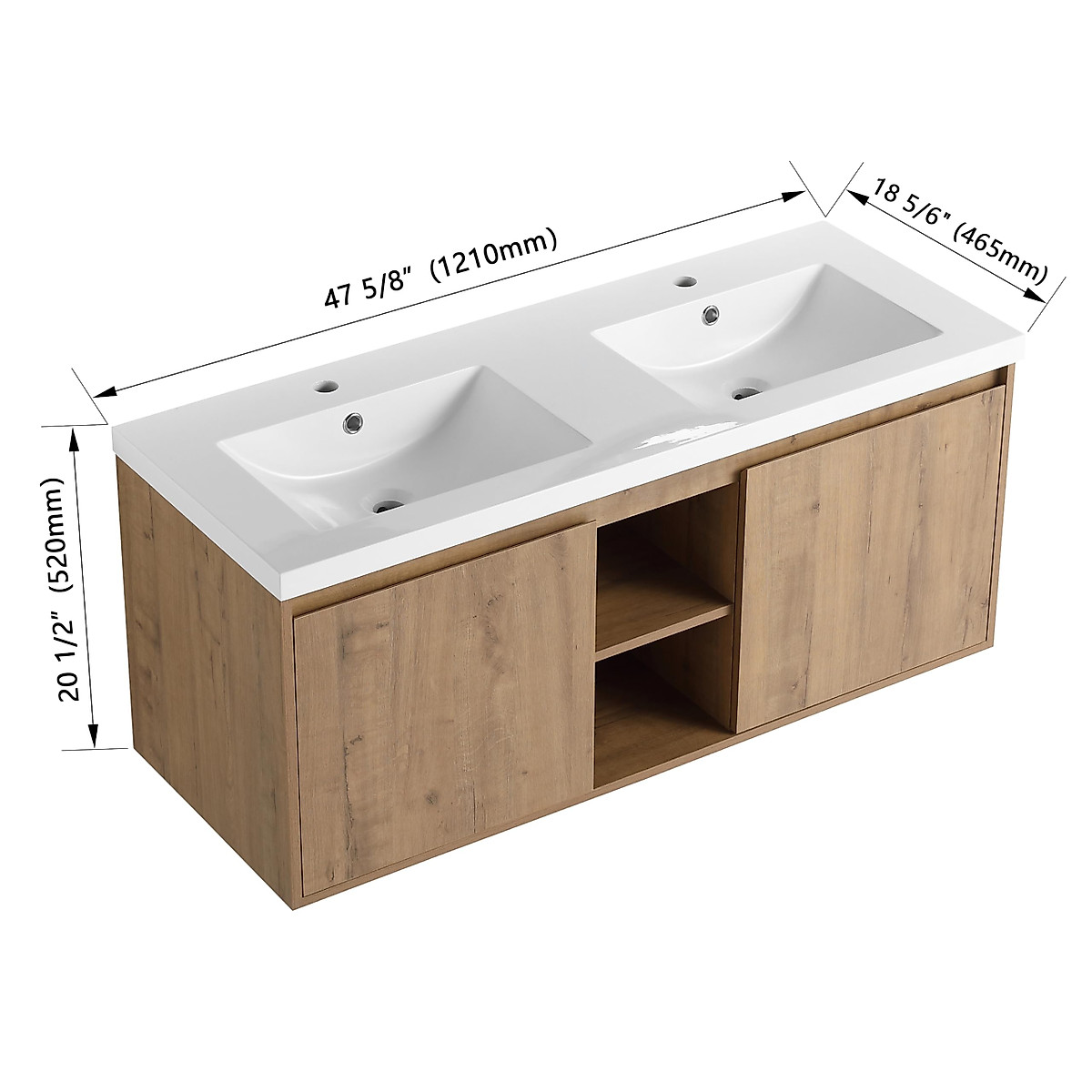 Voohek 48" Wall-Mounted Vanity with Double Sink, 2 Soft Closing Doors and 3 Open Shelves, Cabinet w/ 45° Bevel Handles, Imitative Oak Bathroom Vanity1