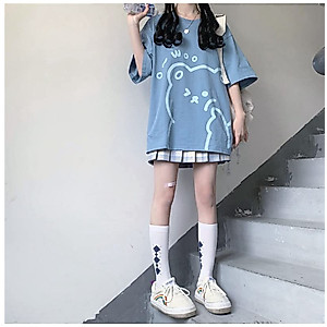 Tyadorw Women's Aesthetic Kawaii Bear Graphic Tee - Japanese Streetwear Harajuku Oversized T-Shirt (Blue, Medium)
