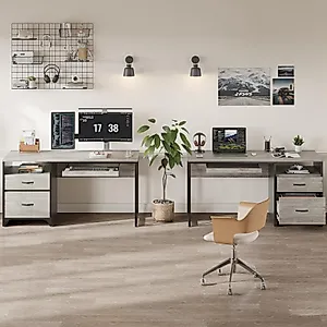 Bestier Office Desk with Drawers, 55 inch Industrial Computer Desk with Storage, Wood Teacher Desk with Keyboard Tray & File Drawer for Home Office, Light Gray Oak