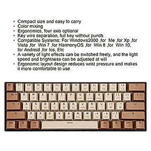 Gaming Keyboard, 61keys Mechanical Keyboard with Color Mixing Light, Multiple Luminous Modes, for Windows2000, Xp, Vista, Win 7, HarmonyOS, Win 8, Win 10, Android, iOS(Tea Shaft)