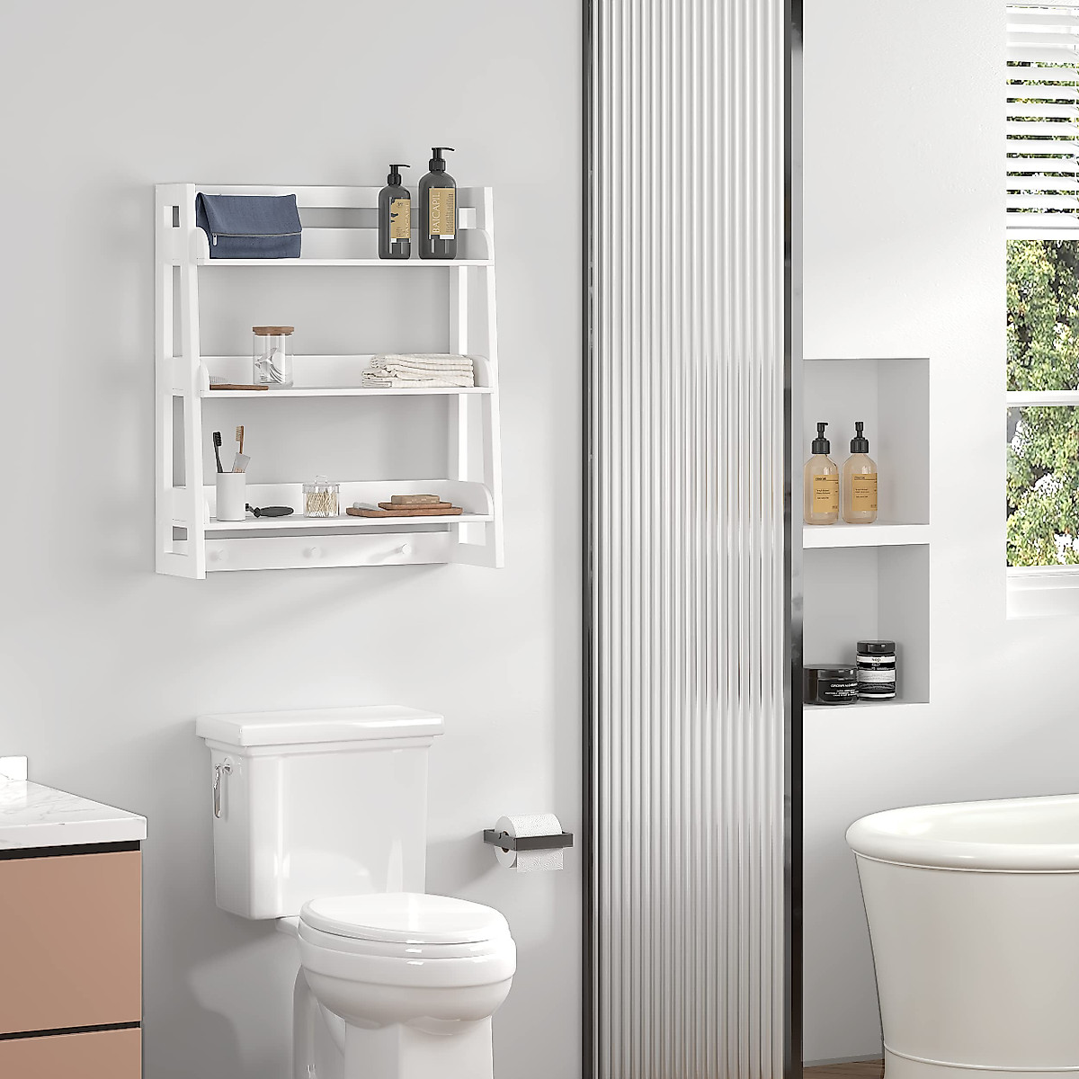 UTEX Bathroom Wall Shelf, Over Toilet Storage Shelf Organizer, 3-Tier Wall Mount Shelf Rack with Hook, White