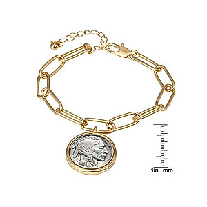 Buffalo Nickel Coin Elongated Link Bracelet | Goldtone Clip Style | 7 Inch 3 Inch Extender with Lobster Claw Clasp | Certificate of Authenticity