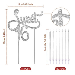 Sweet 16 Cake Toppers Rhinestone Birthday Cake Topper, 20 Pcs Metallic Birthday Candles Sweet 16 Cake Candles Sweet 16 Birthday Decorations Happy Birthday Candles for Cake Birthday Decor (Silver)