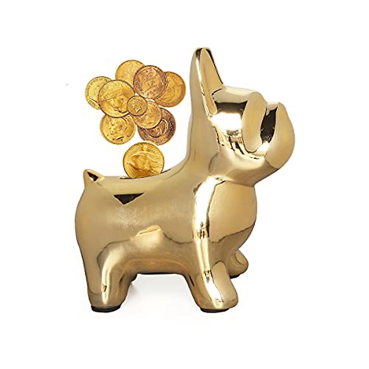 Ceramic Bulldog Piggy Bank for Boys Girls, Money Box for Kids, Coin Bank Keepsake with Plastic Stopper, French Bulldog Saving Jar, Nursery Décor (Golden)