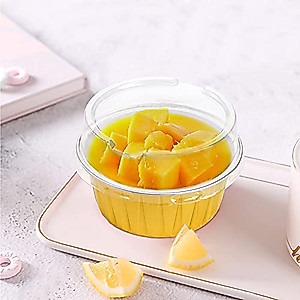 DEAYOU 100-Pack Aluminum Foil Baking Cups with Lids, 5oz Disposable Muffin Cupcake Ramekins, 3" Recyclable Cupcake Foil Liners Mini Tart Pie Tin Pan Holder for Souffle, Pudding, Party, Wedding, Gold