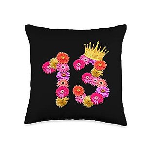 13 Year Old Gifts For Girls 13th Birthday Gifts 13 Year Old Girls Flower Crown Its My 13th Birthday Throw Pillow, 16x16, Multicolor