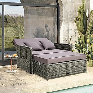 Tangkula Patio Rattan Daybed Set, Wicker Loveseat Sofa w/Multipurpose Ottoman & Retractable Side Tray, 4-Level Adjustable Backrest, Footstool w/Storage, Seat & Back Cushion Included (Gray)