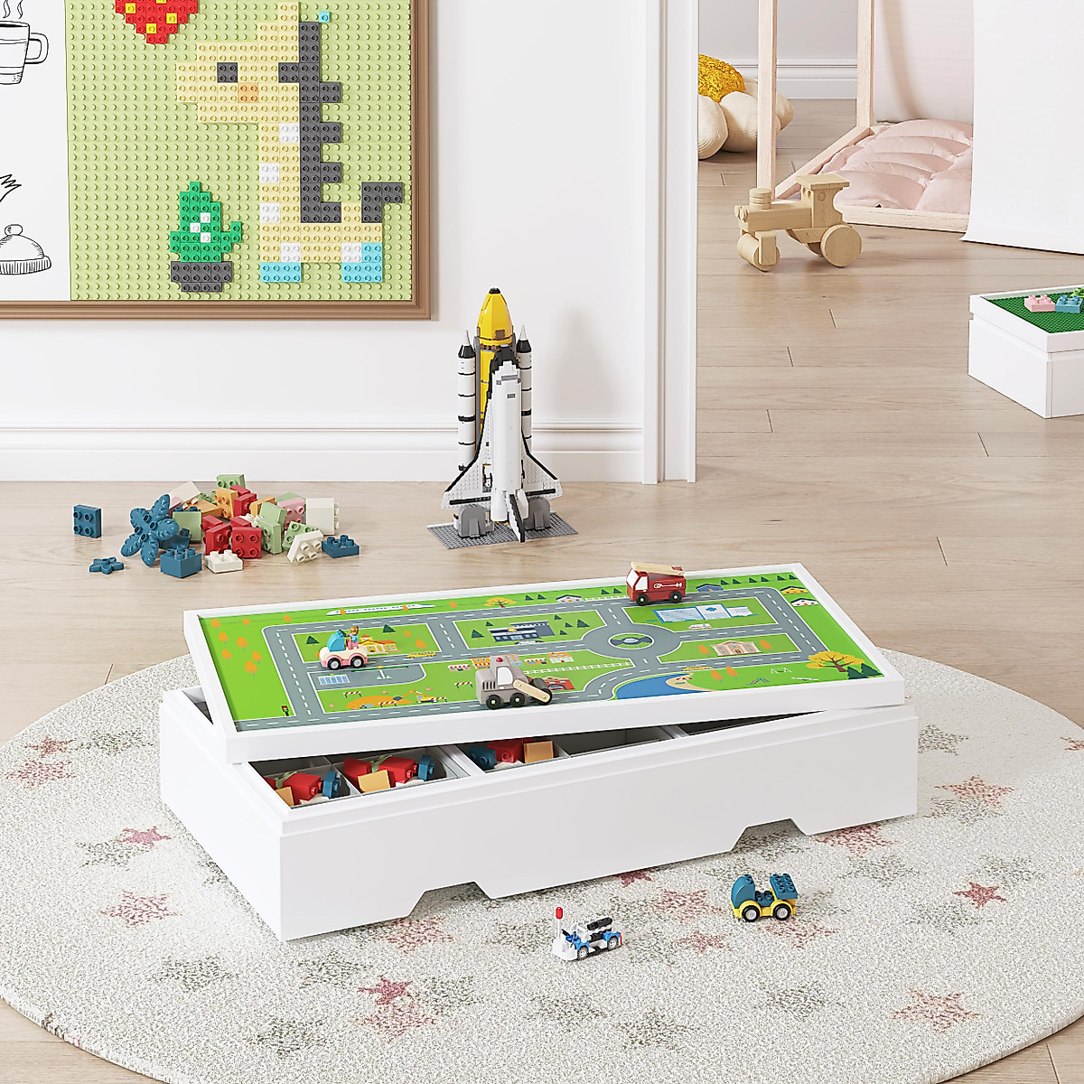 UTEX 3 in 1 Construction Play Table Compatible with Lego, Wooden Train Table, Rolling Kids Activity Play Table with Storage and Wheels, Reversible Table Top Store Under Beds or Sofas