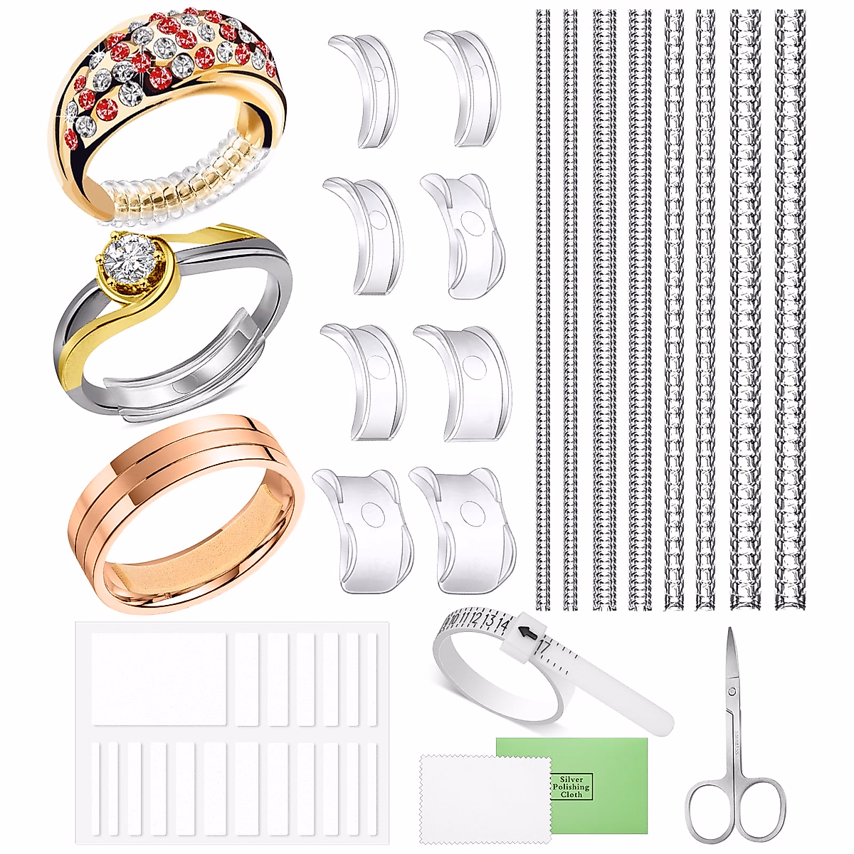 38 Pcs Ring Sizer Adjuster for Loose Rings with Ring Size Measuring Tool, Plug-in Invisible Ring Guards Silicone Tightener EVA Foam Ring Size Adjuster Set with Polishing Cloth