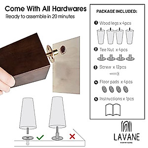 La Vane 6 inch / 15cm Wooden Furniture Legs, Set of 4 Solid Wood Tapered M8 Replacement Furniture Feet with Pre-Drilled 5/16 Inch Bolt & Mounting Plate & Screws for Couch Sofa Cabinet Ottoman