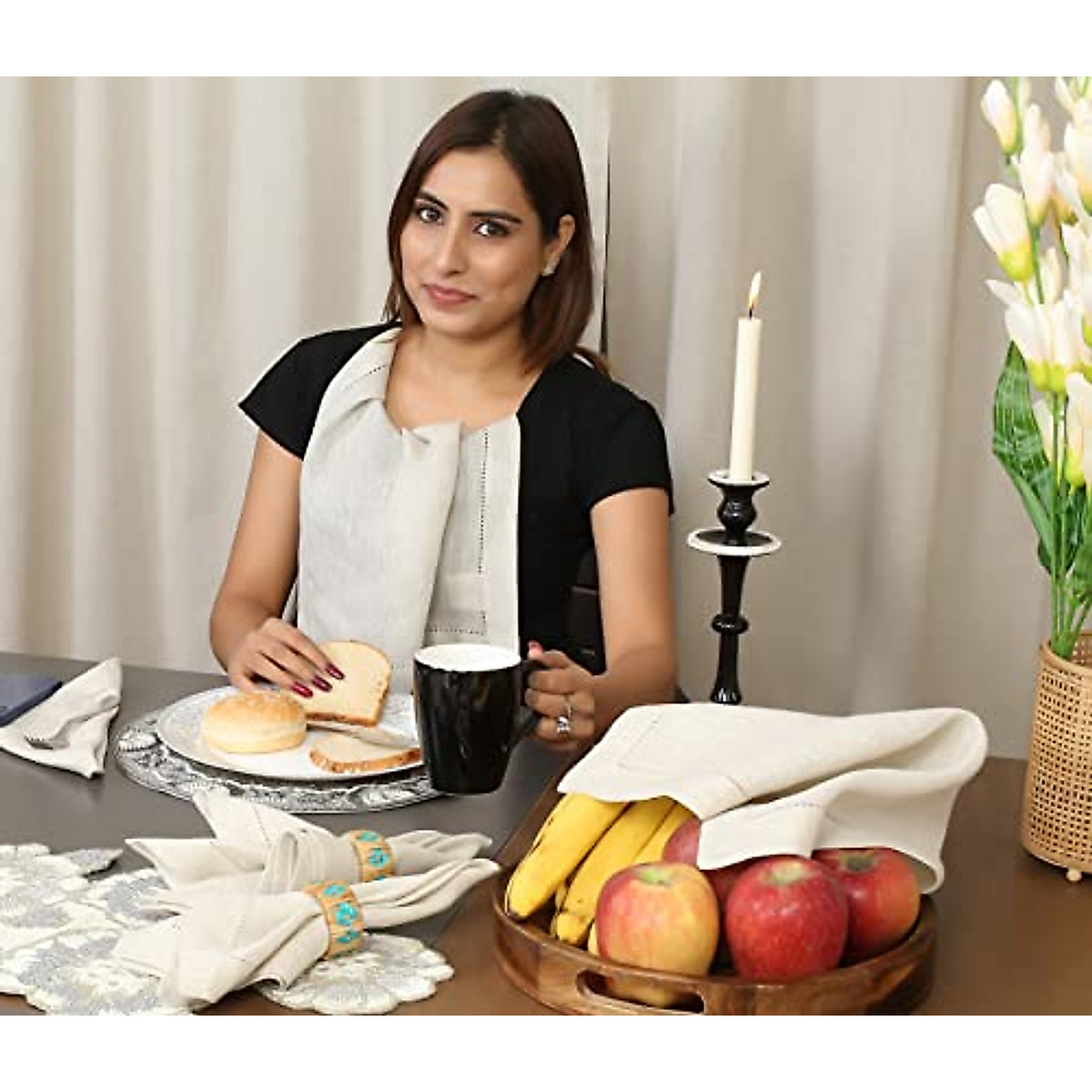 Linen Flax Cotton Cloth Dinner Napkin 18x18 Natural with Hemstitched,Wedding Napkins, Cocktails Napkins, Fabric Napkins, Cotton Napkins Mitered Corners, Machine Washable Dinner Napkins, Set of 12