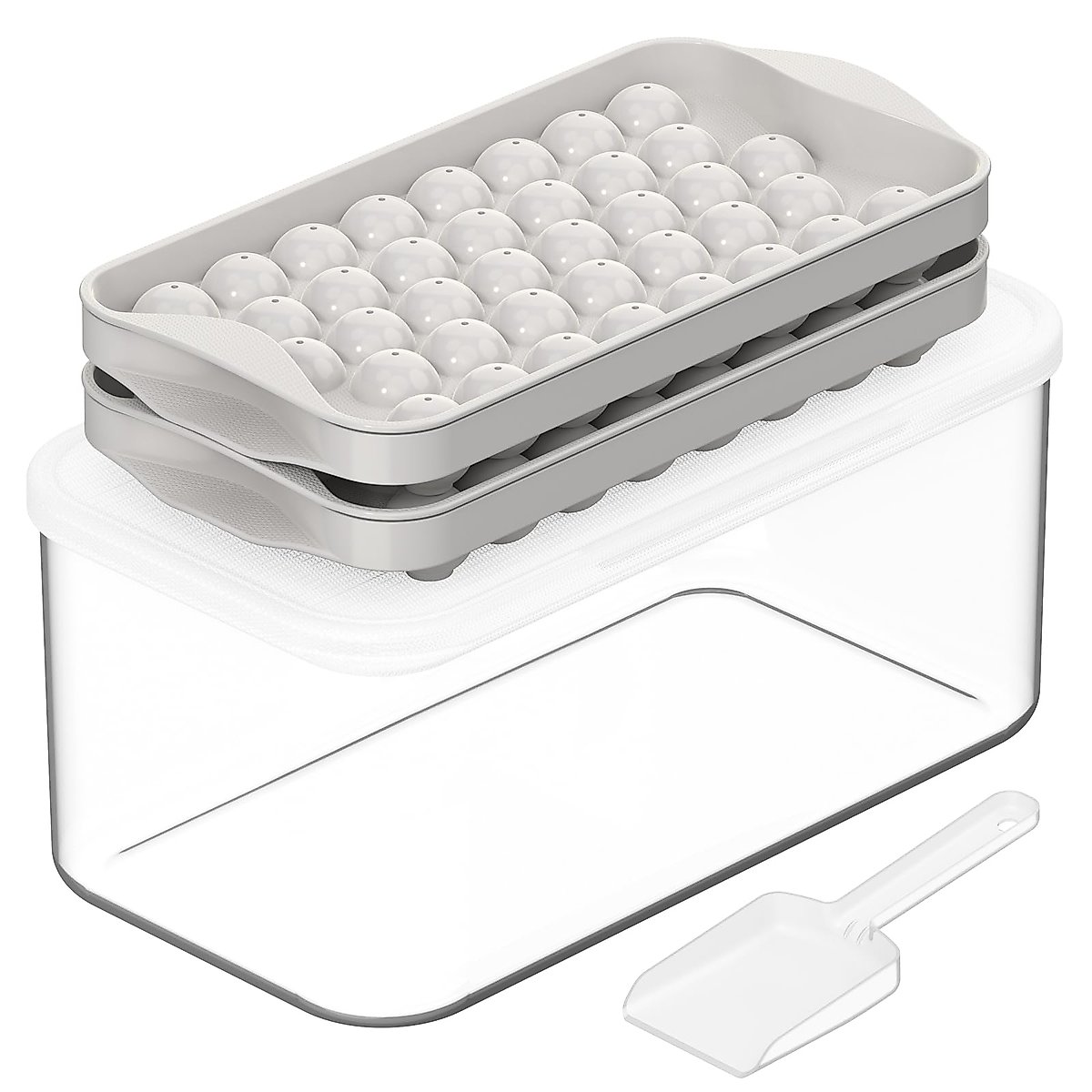 DOQAUS Round Ice Cube Trays with lid and Bin, 2 Pack Easy Pop Out Ice Trays for Freezer with Cover, Compact Circle Ice Cube Trays for Frezzer, Sphere Ice Cube Tray with Storage Ice Bucket Kits, Scoop