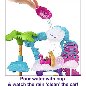 Polly Pocket Playset, Pollyville Flamingo Fun Car Wash with 2 Micro Dolls, Toy Car, Water Play & Color-Change Accessories