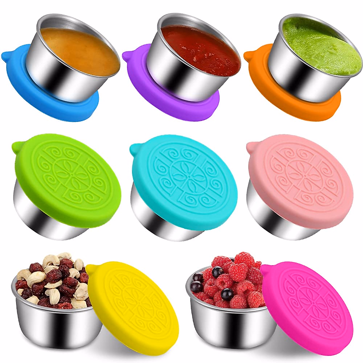 Hydream 8Pack Salad Dressing Containers To Go,1.6 oz Small Condiment Containers with Lids, Stainless Steel Condiment Cup Dipping Sauce Cups Container for Lunch Bento Box Leakproof Silicone Lids