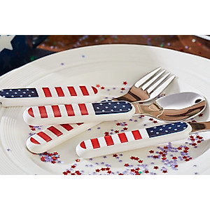 Annova Kids Silverware 6 Pieces Stainless Steel Children's Flatware Set 3 x Forks, 3 x Dinner Spoon Plastic Handle, Toddler Utensils Without Knives, for Babies, Infants BPA Free (US Flag)