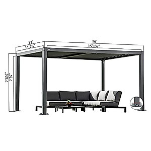 Domi Louvered Pergola 12' × 16', Outdoor Aluminium Pergola with Adjustable Roof, Curtains and Netting, Hardtop Gazebo for Patio, Deck, Garden, Yard, Beach(Gray)